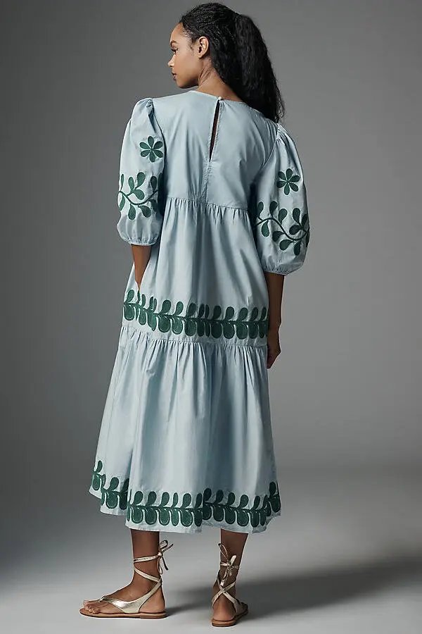 Anthropologie Embroidered Puff-sleeve Midi Dress