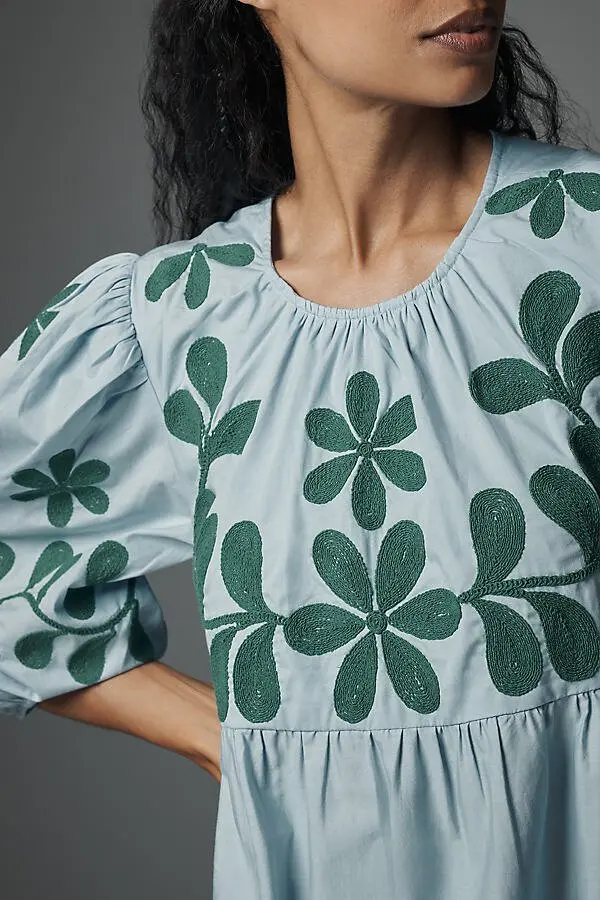 Anthropologie Embroidered Puff-sleeve Midi Dress