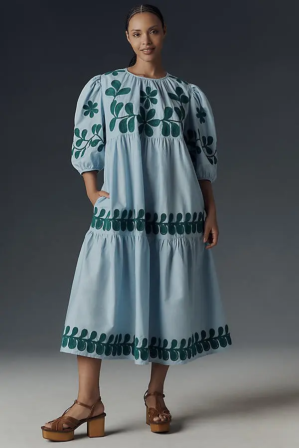 Anthropologie Embroidered Puff-sleeve Midi Dress