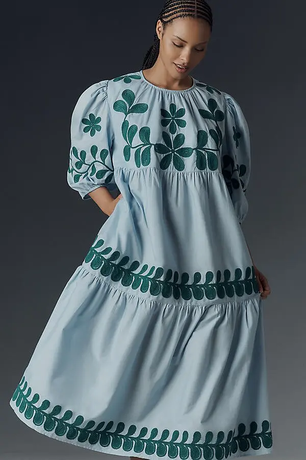 Anthropologie Embroidered Puff-sleeve Midi Dress