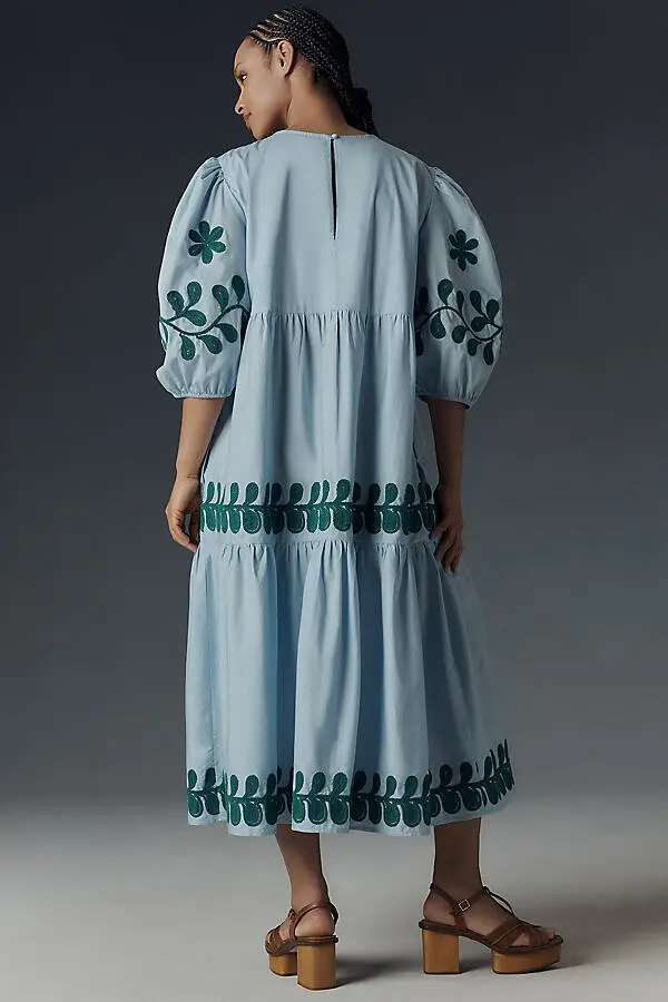Anthropologie Embroidered Puff-sleeve Midi Dress
