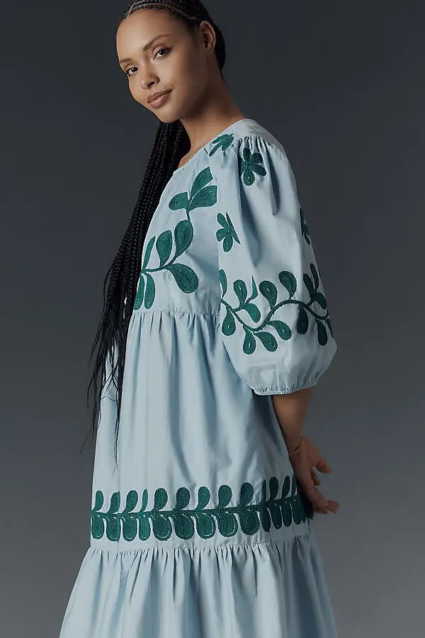 Anthropologie Embroidered Puff-sleeve Midi Dress