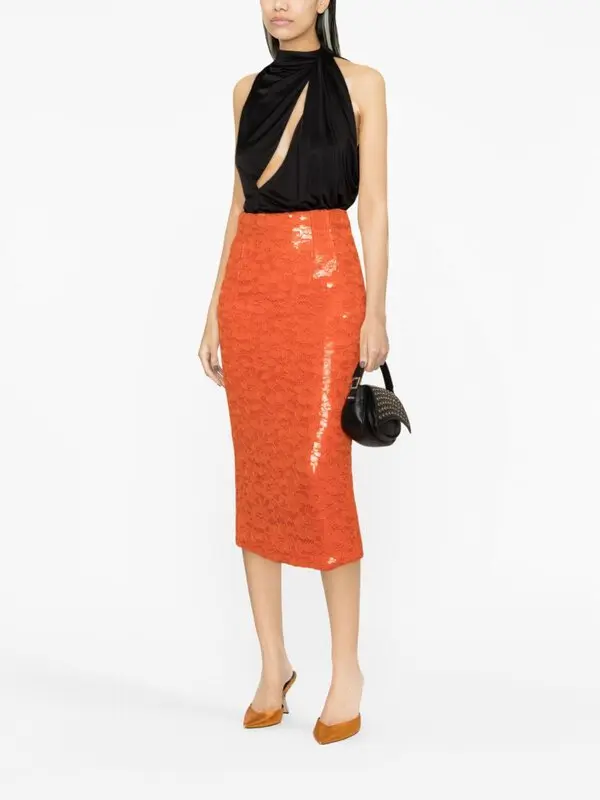 LAQUAN SMITH Sequinned Crêpe And Corded Lace Skirt