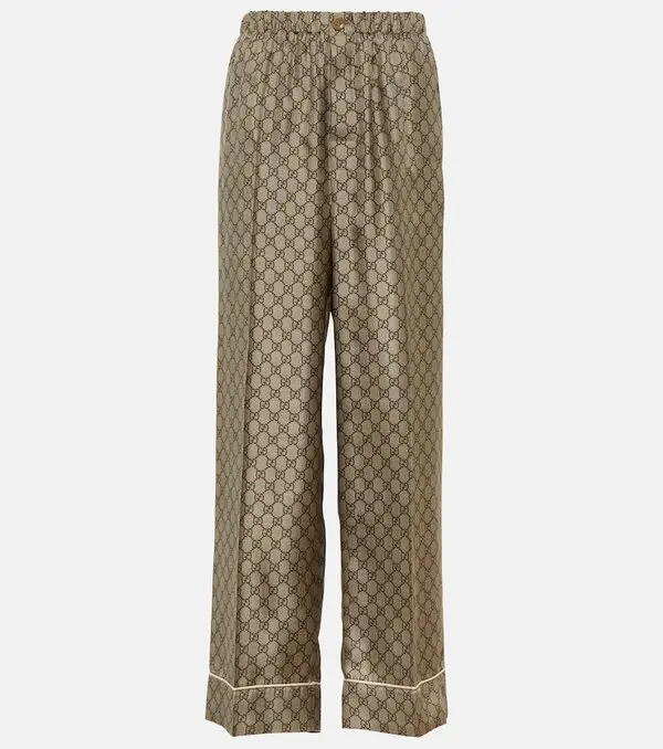 Gucci Gg Supreme Silk Wide-leg Pants - Brown