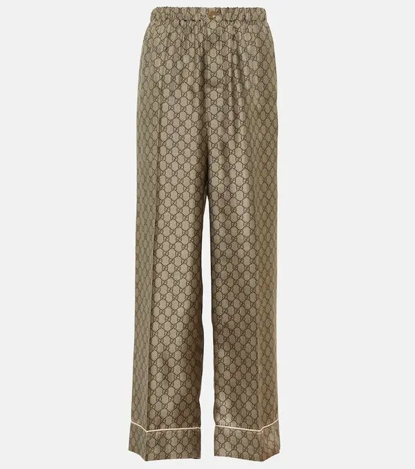 Gucci Gg Supreme Silk Wide-leg Pants - Brown