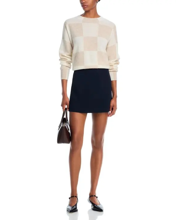 Aqua 100% Cashmere Brushed Check Cropped Sweater - Oatmeal Ivory