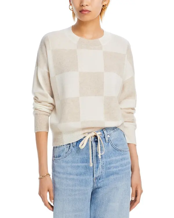 Aqua 100% Cashmere Brushed Check Cropped Sweater - Oatmeal Ivory