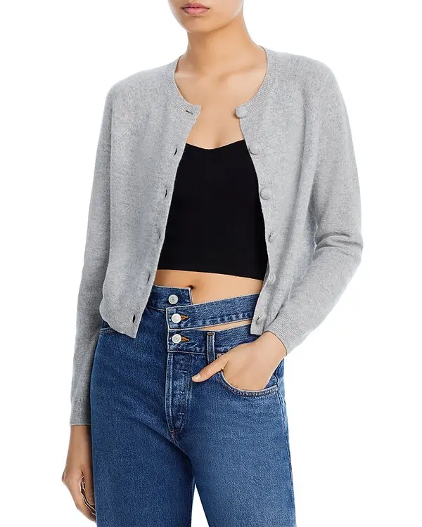 Aqua 100% Cashmere Crewneck Cardigan - Light Grey