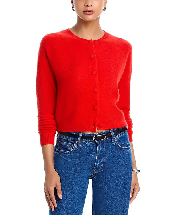 Aqua 100% Cashmere Crewneck Cardigan - Paprika