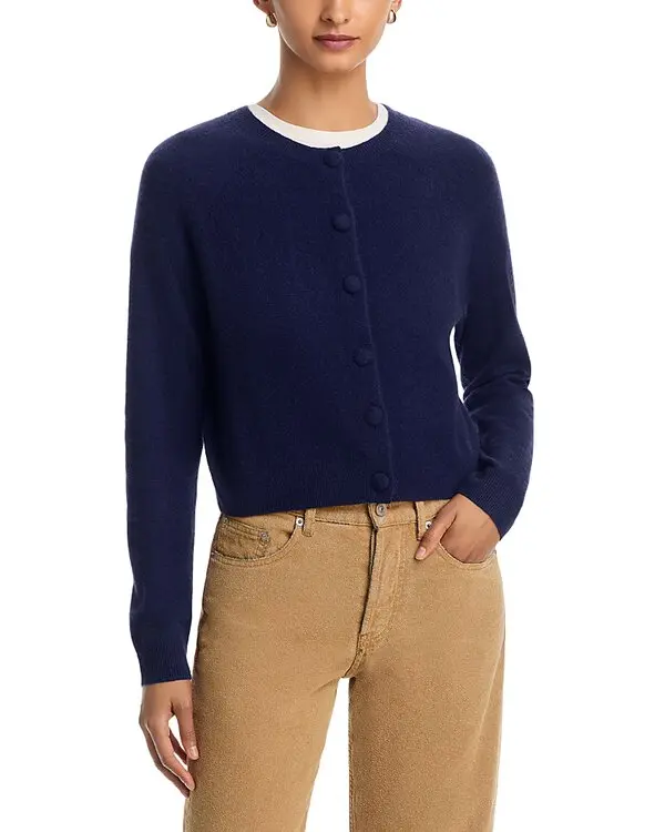 Aqua 100% Cashmere Crewneck Cardigan - Peacoat