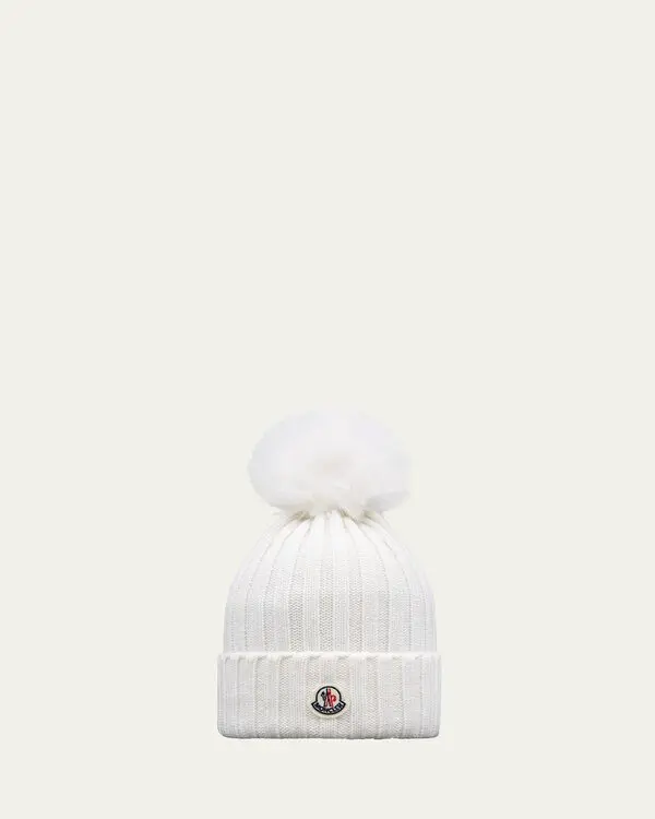 Moncler Ribbed Wool Beanie With Faux Fur Pom - Natural