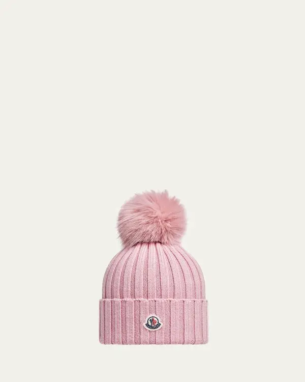 Moncler Ribbed Wool Beanie With Faux Fur Pom - Pink