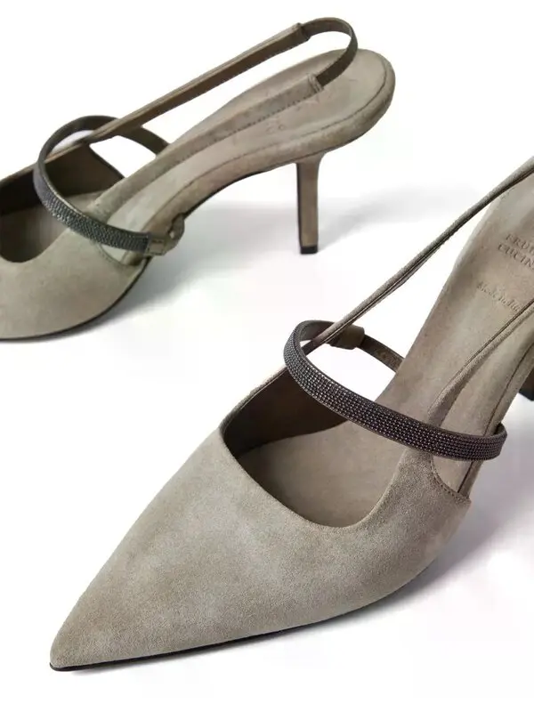 Brunello Cucinelli 80mm Slingback Suede Pumps - Grey