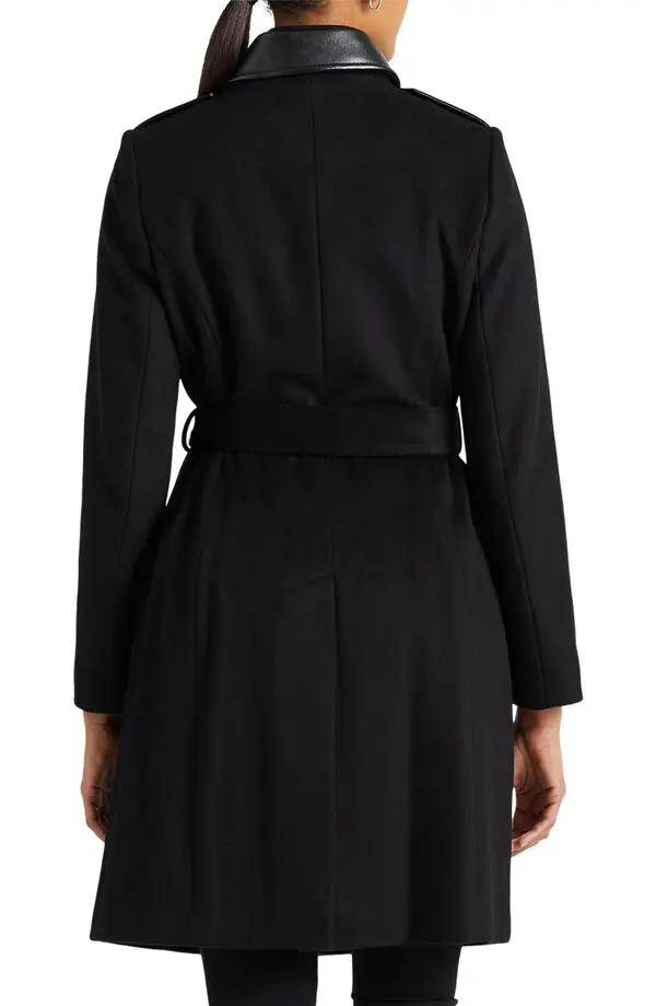 Ralph Lauren Tie Waist Faux Leather Trim Wool Blend Coat