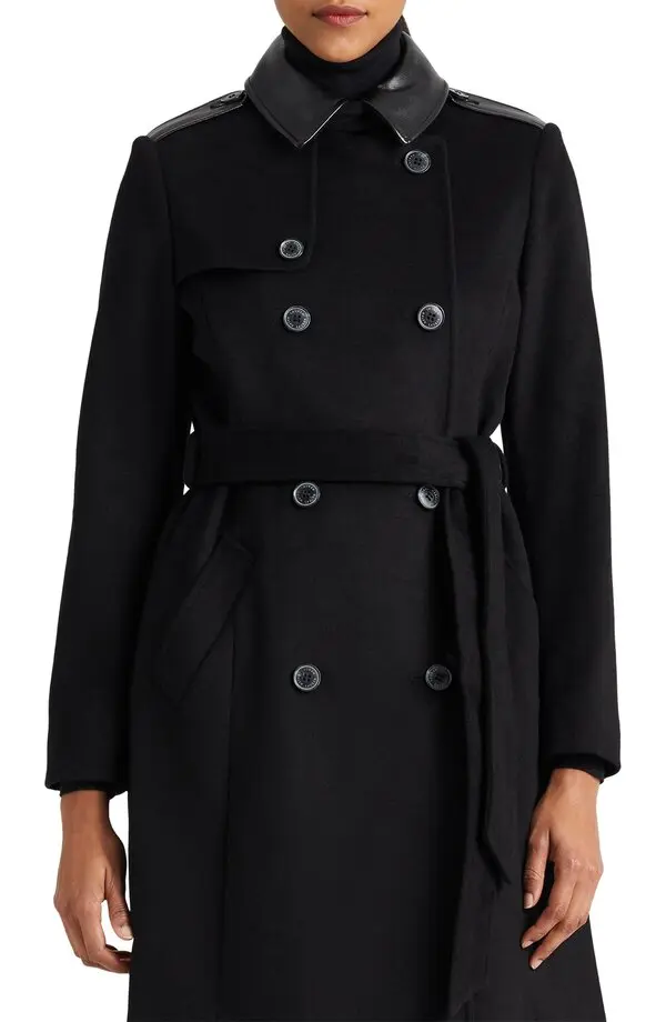 Ralph Lauren Tie Waist Faux Leather Trim Wool Blend Coat