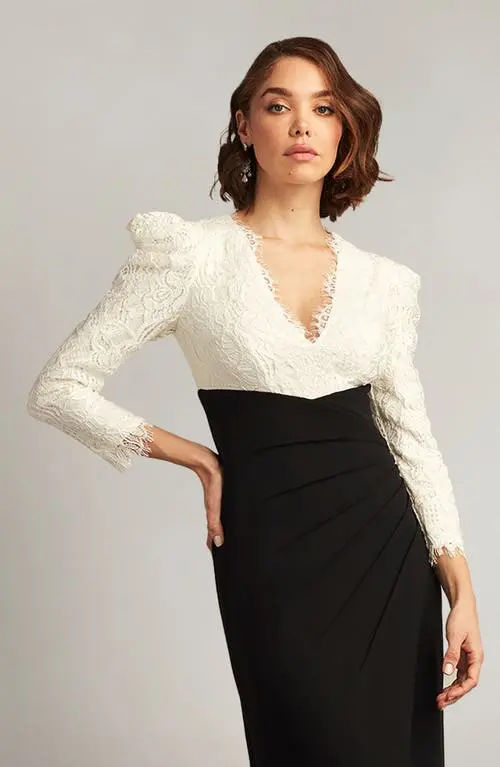 Tadashi Shoji Long Sleeve Scalloped Lace Crepe Dress - Ivory/Black |  Editorialist