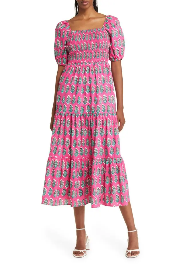 Boden Floral Puff Sleeve Tiered Maxi Dress