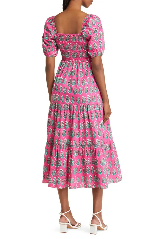 Boden Floral Puff Sleeve Tiered Maxi Dress