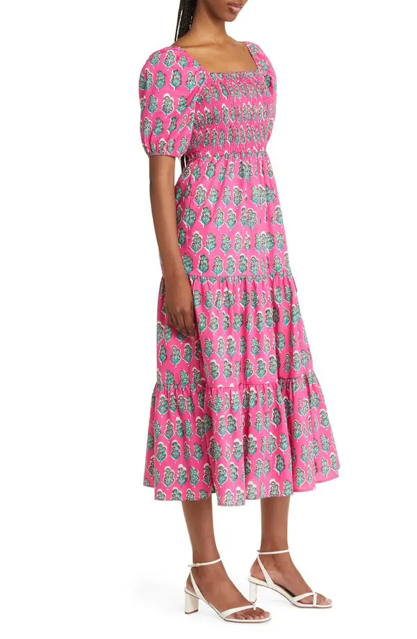Boden Floral Puff Sleeve Tiered Maxi Dress