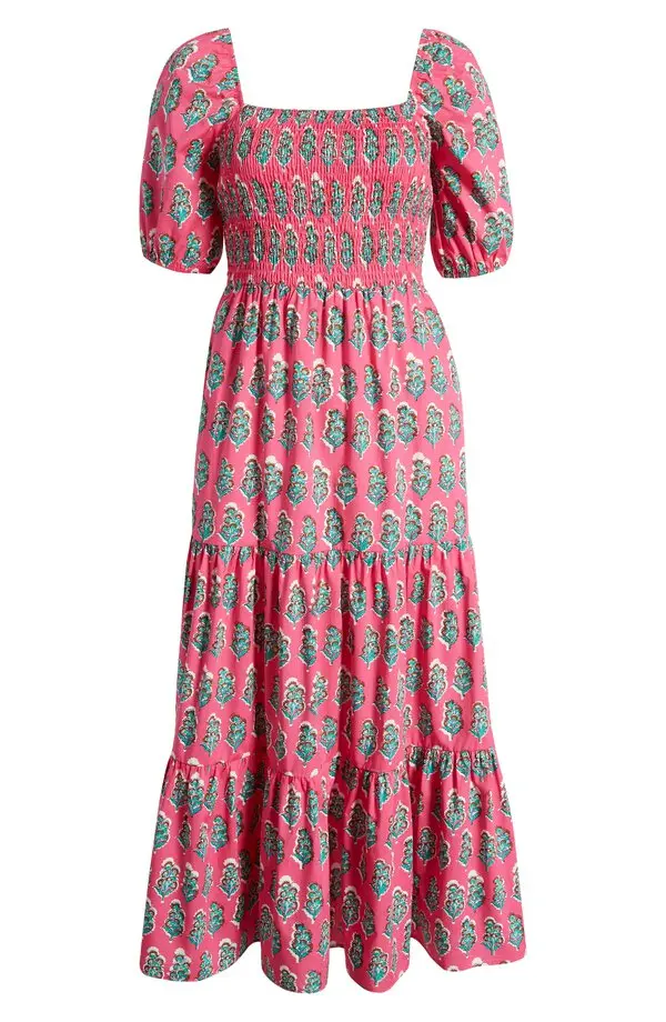 Boden Floral Puff Sleeve Tiered Maxi Dress