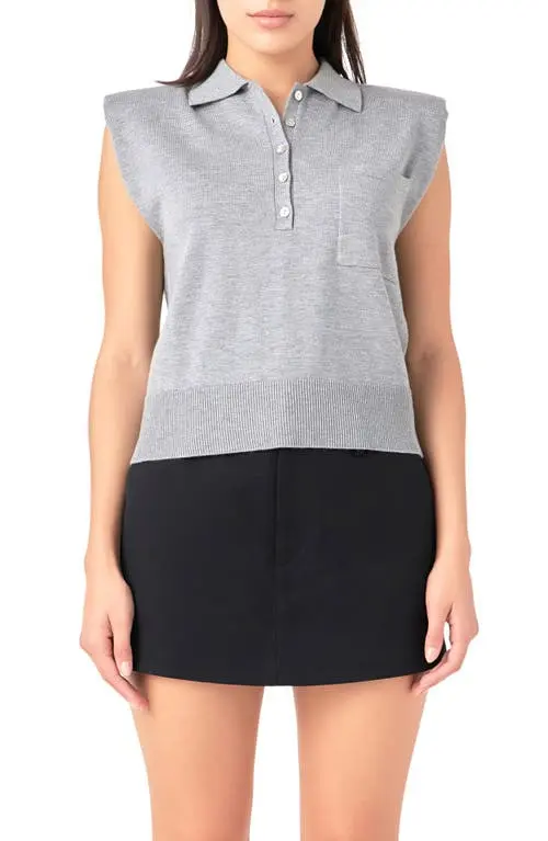 GREY LAB Crop Cap-sleeve Knit Polo - Heather Grey
