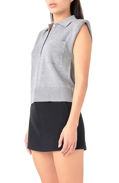 GREY LAB Crop Cap-sleeve Knit Polo - Heather Grey