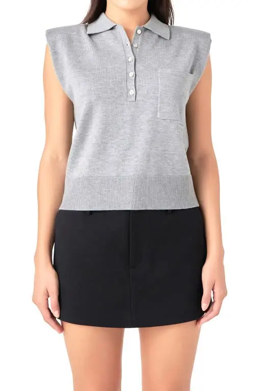 GREY LAB Crop Cap-sleeve Knit Polo - Heather Grey