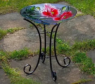 NORTHLIGHT 21' Butterfly & Carnations Painted G Ass Birdbath