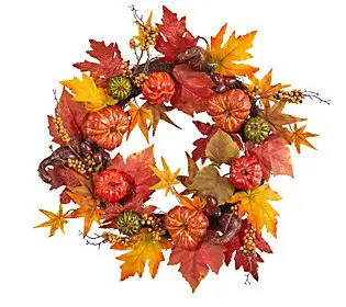 NEARLY NATURAL 24' Autumn Pumpkin & Berries Fal L Wreath - One-color