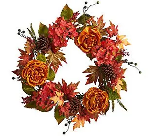 NEARLY NATURAL 25' Fall Ranunculus, Hydrangea & Berries Wreath - One-color