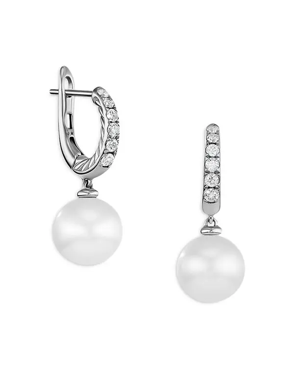 David Yurman Pearl And Diamond Dangle Huggie Hoop Earrings White