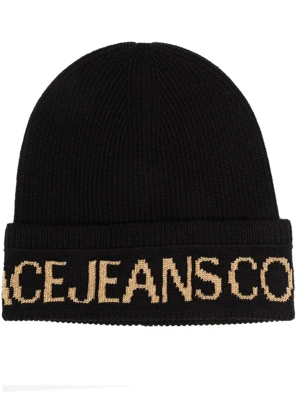 Versace Intarsia-logo Ribbed Beanie - Black