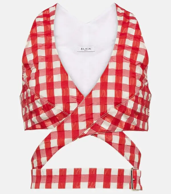 Alaïa Vichy Gingham Cutout Crop Top - Red