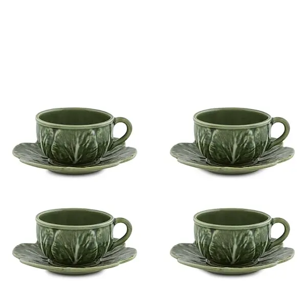 BORDALLO PINHEIRO Cabbage Teacup & Saucer Set, Service For 4 - Green