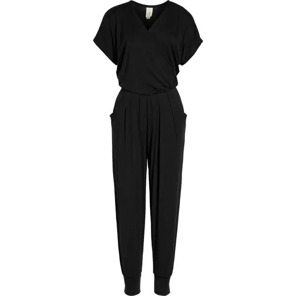 Loveappella Short Sleeve Wrap Top Jumpsuit - Black