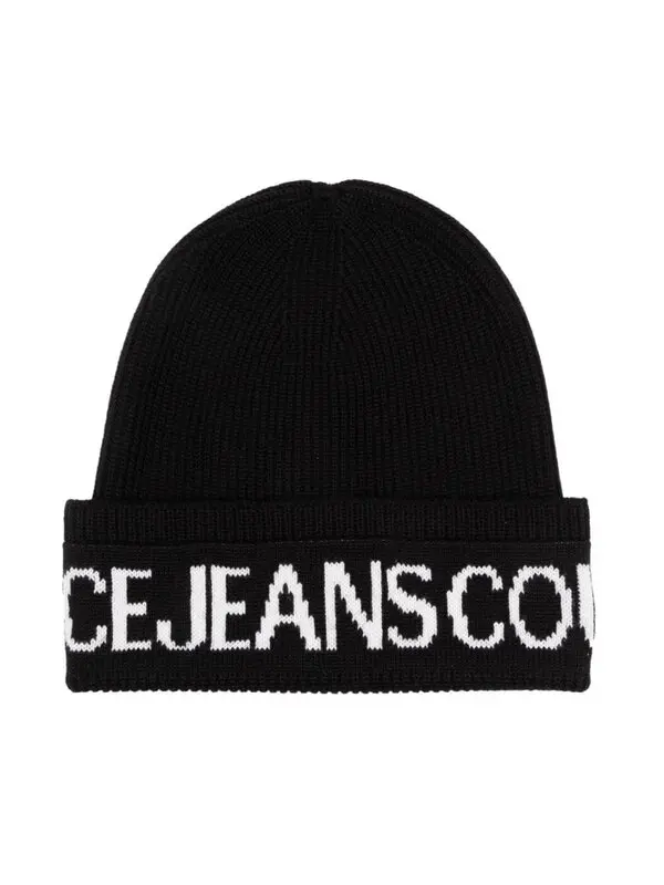 Versace Intarsia-logo Ribbed Beanie - Black
