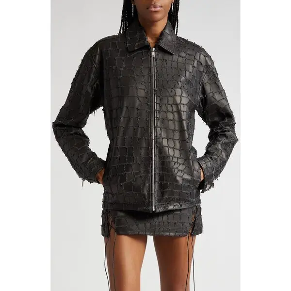 DION LEE Snakeskin Etched Lambskin Leather Jacket - Black