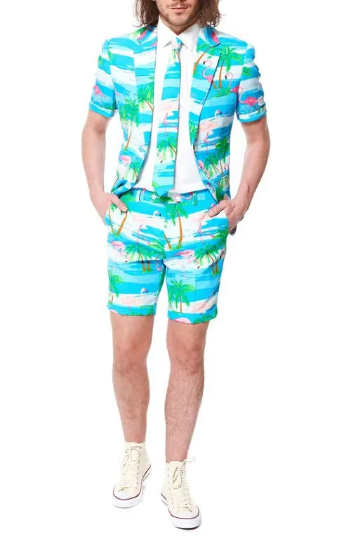 Opposuits Flamingo Print Trim Fit Short Suit With Tie
