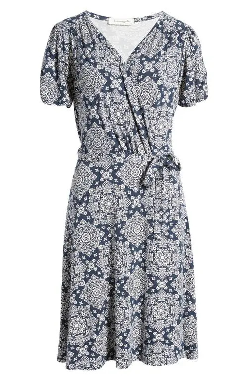 Loveappella Short Sleeve Faux Wrap Dress