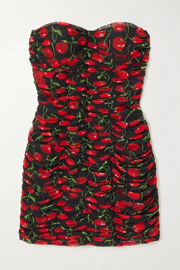 Dolce & Gabbana Strapless Ruched Printed Stretch-tulle Mini Dress
