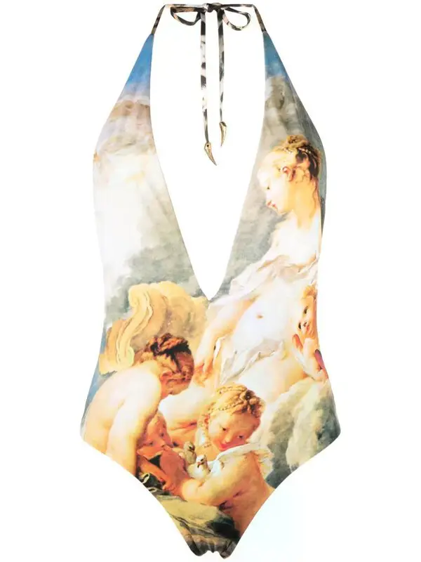 Roberto Cavalli Painting-print Halterneck Swimsuit - Neutrals