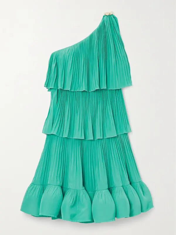 LANVIN One-shoulder Tiered Ruffled Charmeuse Mini Dress - Blue