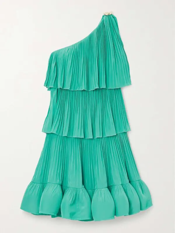 LANVIN One-shoulder Tiered Ruffled Charmeuse Mini Dress - Blue