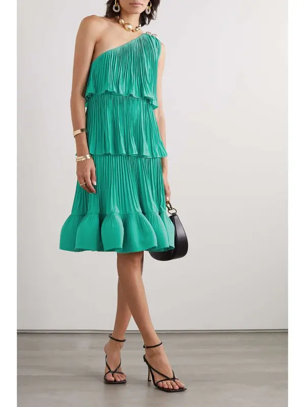 LANVIN One-shoulder Tiered Ruffled Charmeuse Mini Dress - Blue