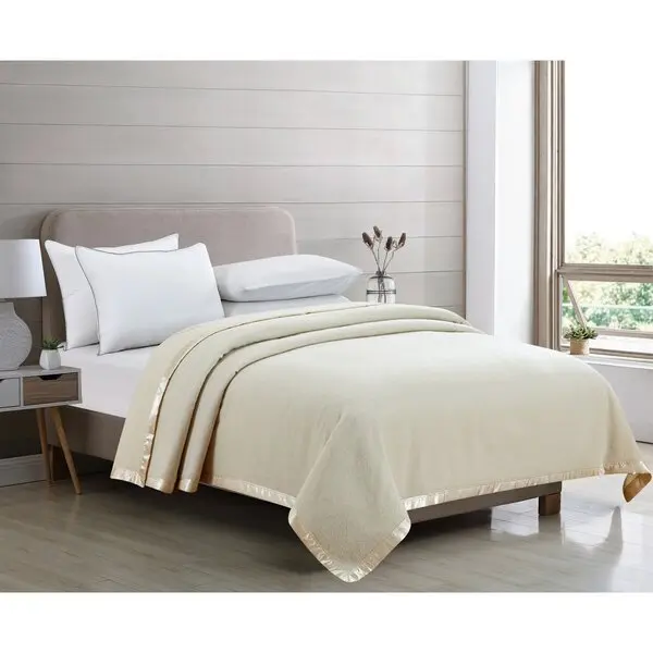 MELANGE COLLECTION Merino Wool Blanket With Satin Edge, Queen - Ivory