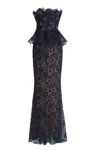 marchesa peplum dress Strapless satin peplum gown with draped bodice and crepe slit skirt