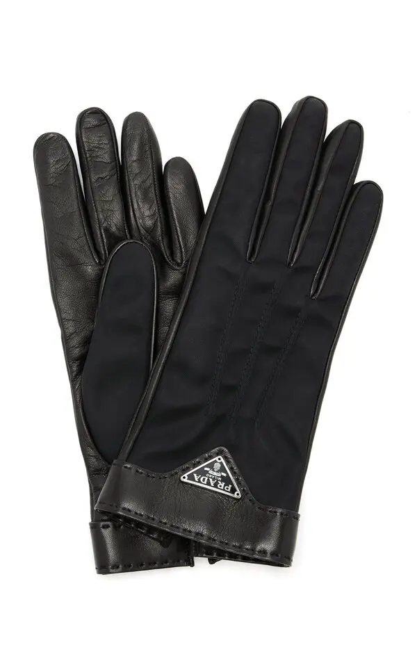 Prada Re-nylon Trimmed Leather Gloves - Black