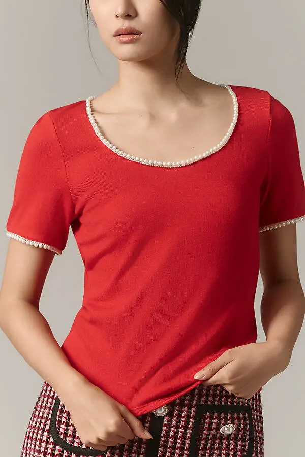 CANAPÉ Pearl-trim Scoop-neck T-shirt - Red