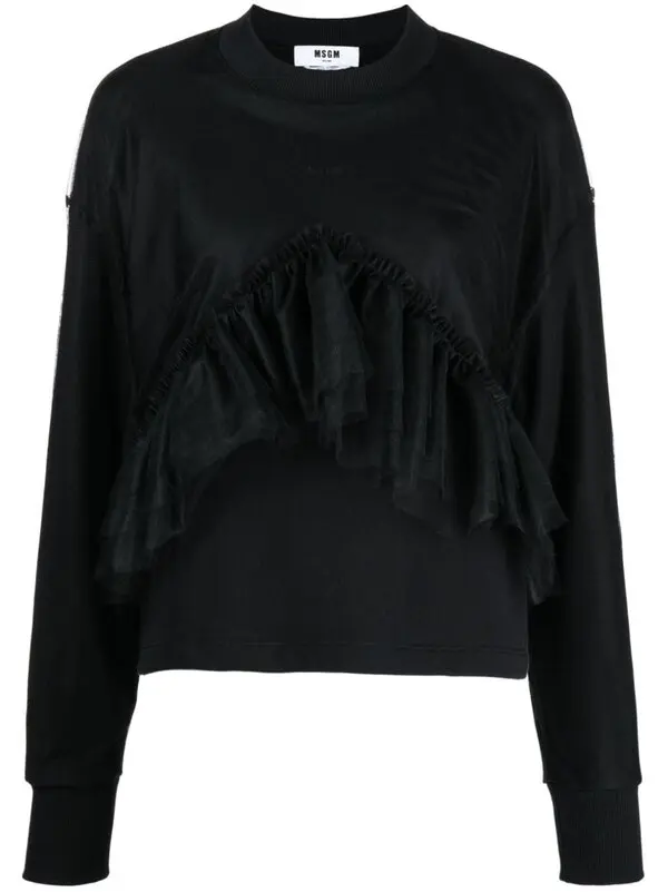 MSGM Cotton Sweatshirt With Tulle Overlay And Ruffled Detail