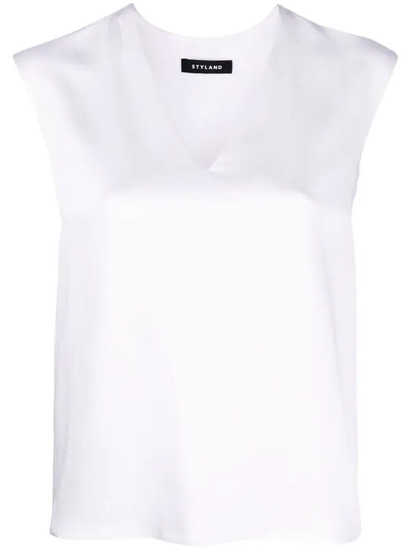 STYLAND Satin-finish V-neck Top - White